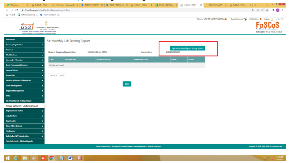 Six Monthly Mandatory Lab Testing Report: FSSAI Guidelines